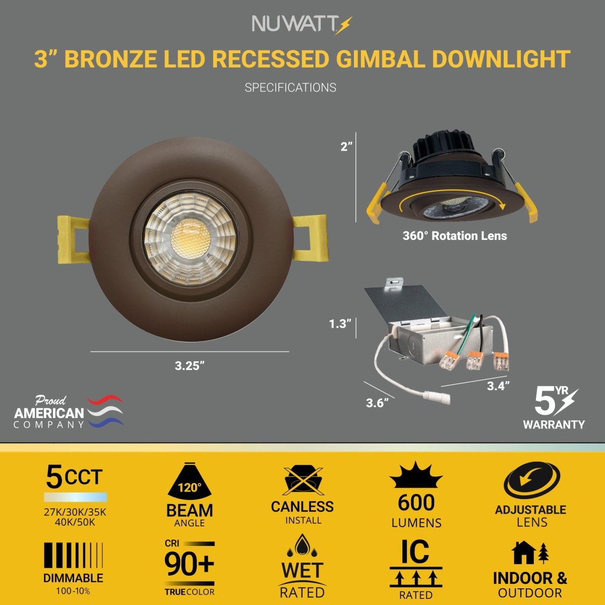 3" Bronze Recessed LED Gimbal Canless Downlight | NuWatt