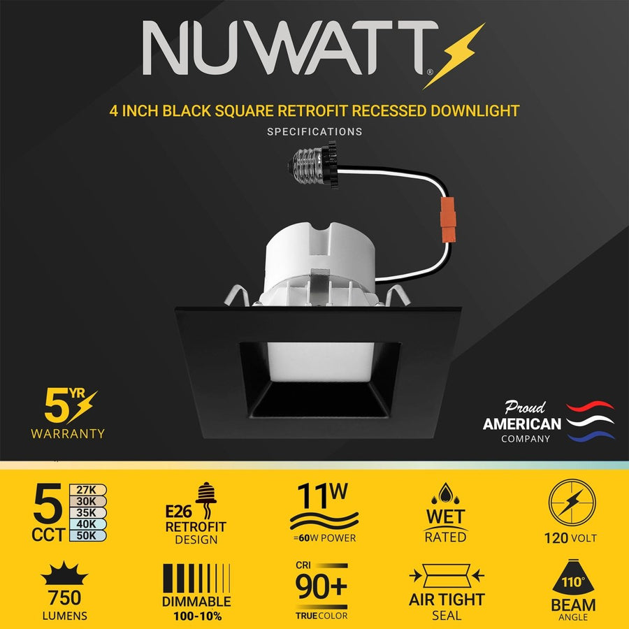 4" Black Square Recessed Retrofit LED Downlight | NuWatt