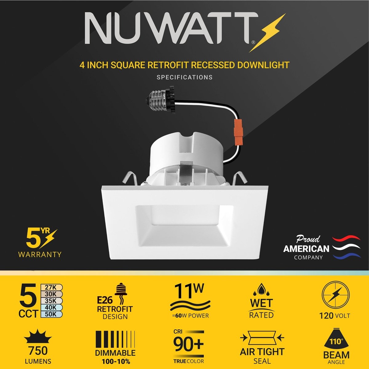 4" White Square Recessed Retrofit LED Downlight | NuWatt