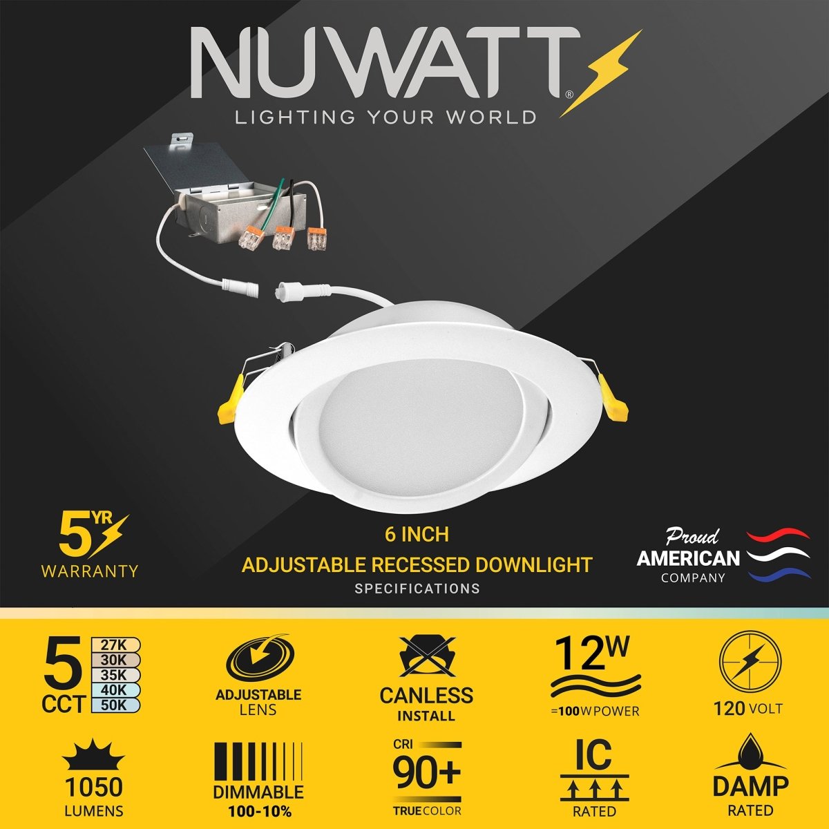 NuWatt 6" Recessed Adjustable Downlight For Vaulted Ceilings