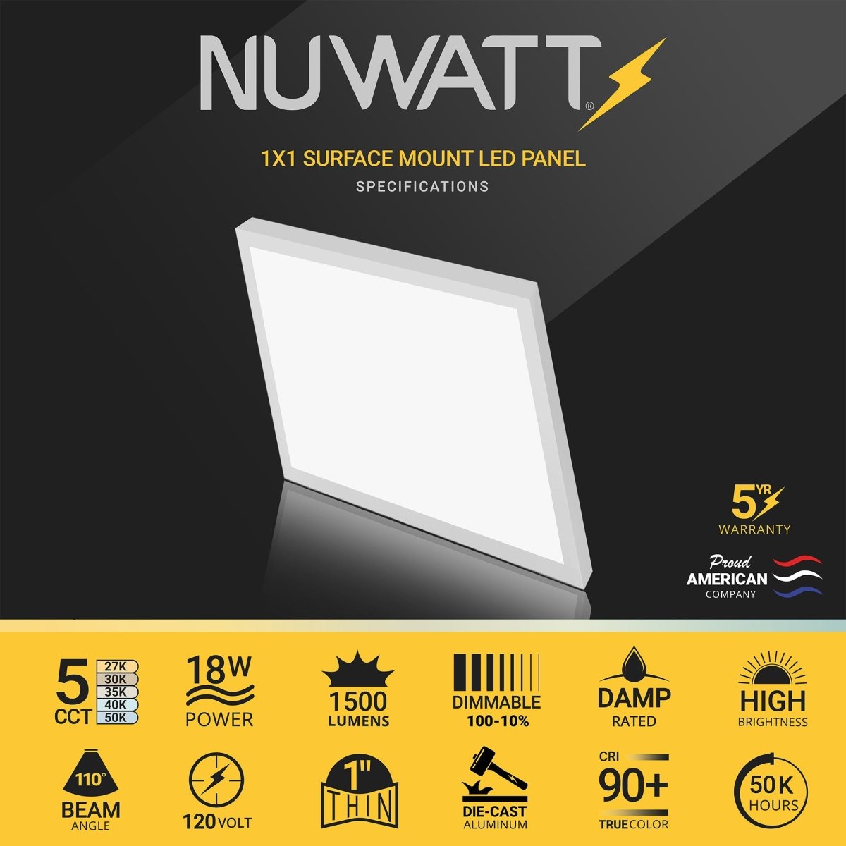 1x1 FT 12" Square LED Surface Mount Panel | White | NuWatt