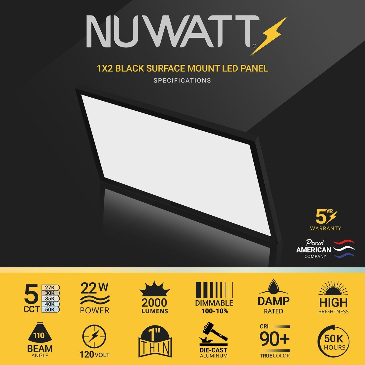 1x2 FT LED Surface Mount Panel | Black | NuWatt